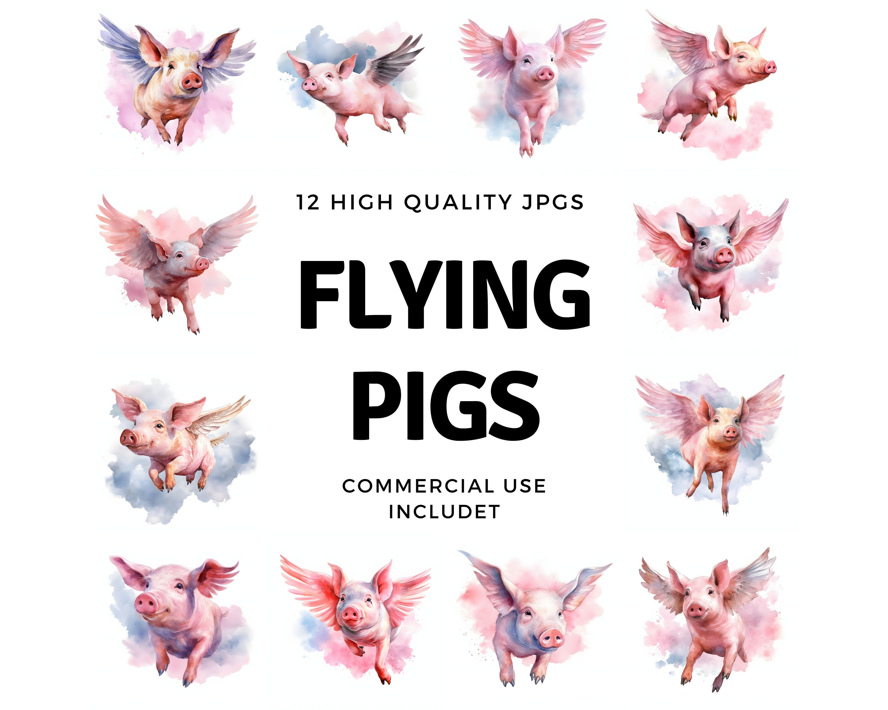Flying Pink Pig Clipart - 12 High Quality Jpgs - Instant Download ...