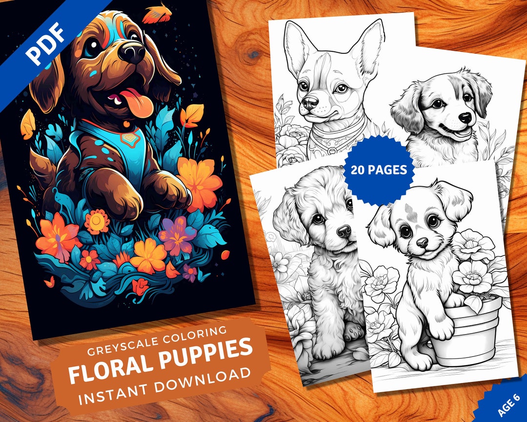 Floral Puppies Coloring Pages for Kids Instant Download Printable ...