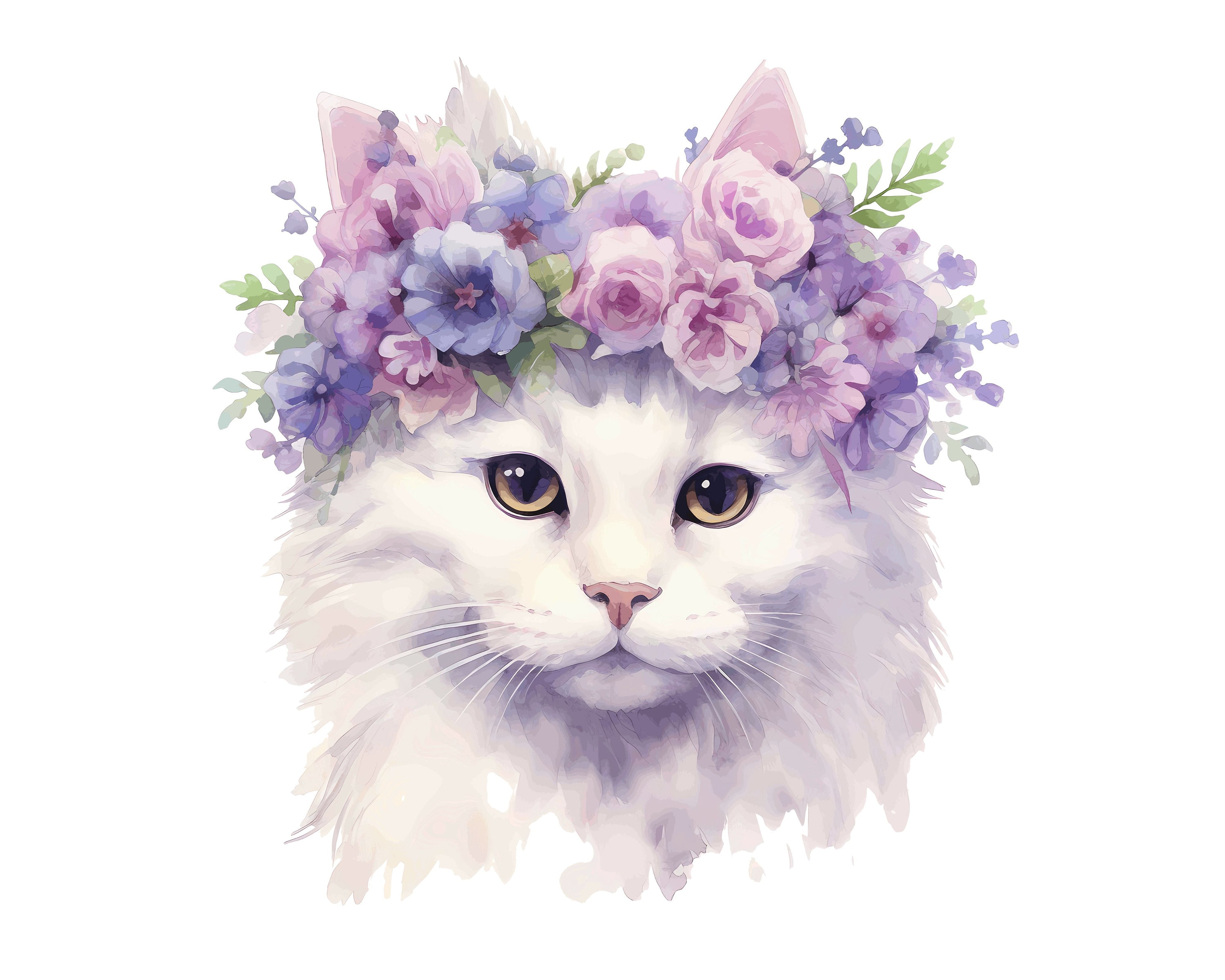 Floral White Cat Watercolor Clipart Floral Feline Portraits, PNG Images ...