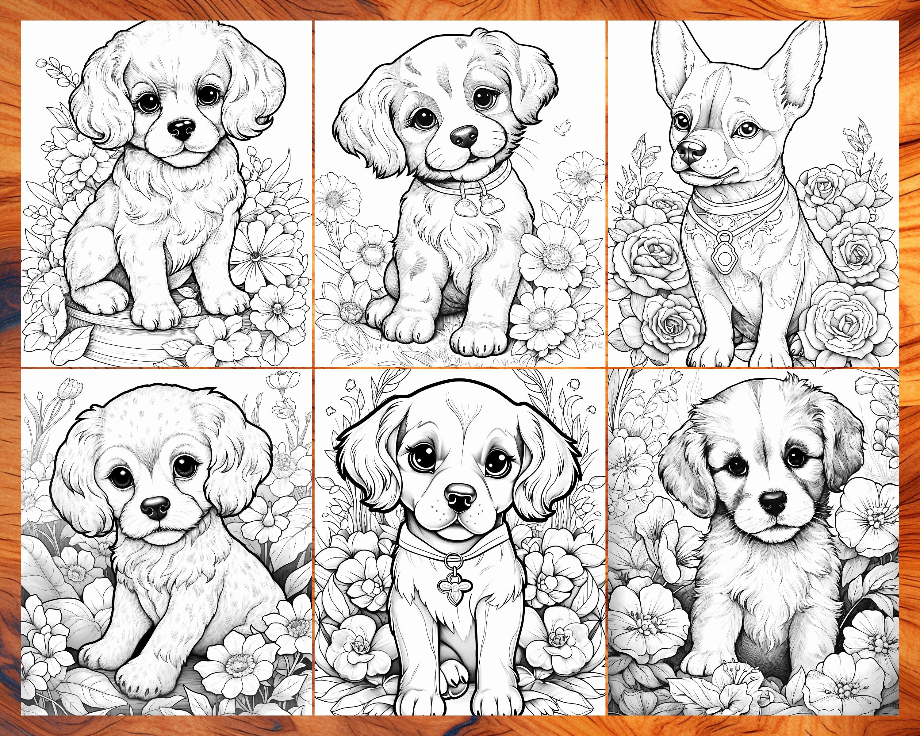Floral Puppies Coloring Pages for Kids Instant Download Printable ...