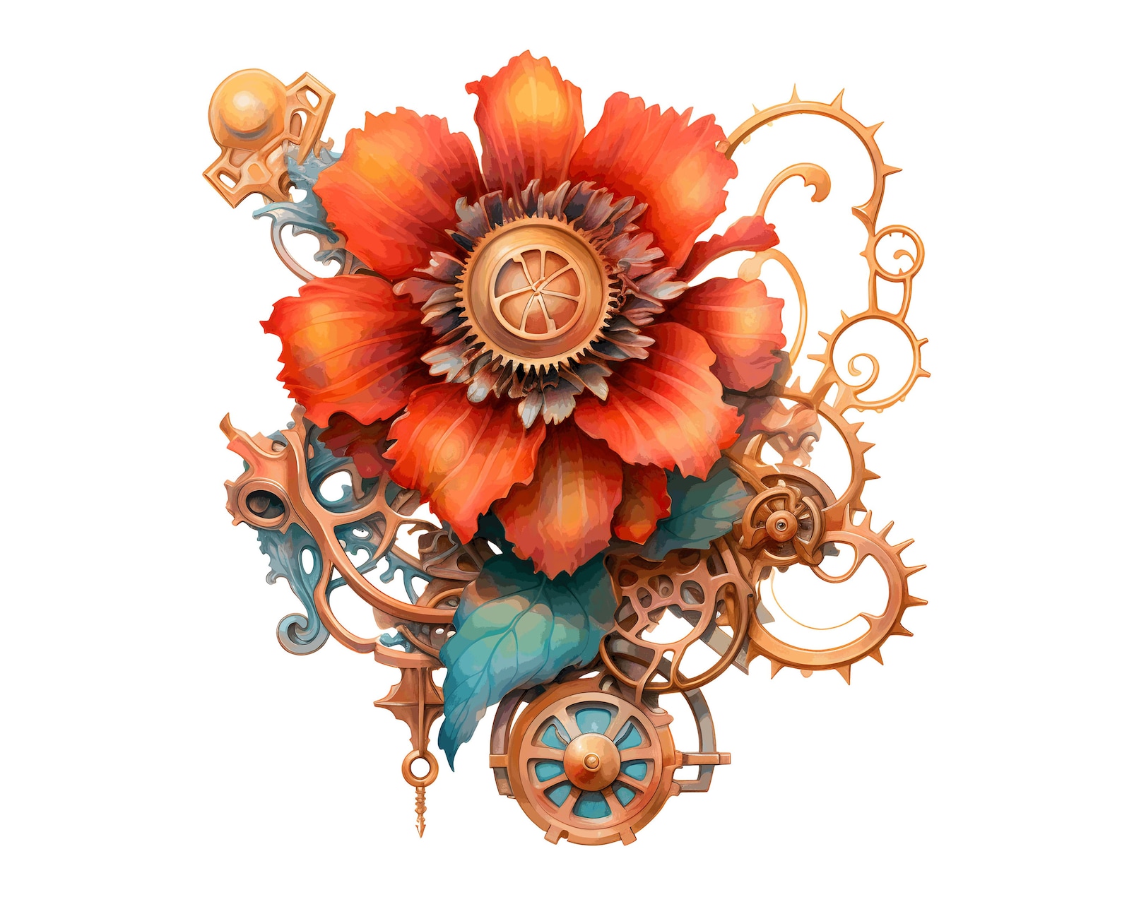 Watercolor Steampunk Flower Clipart Bundle 12 Colorful PNG - Etsy