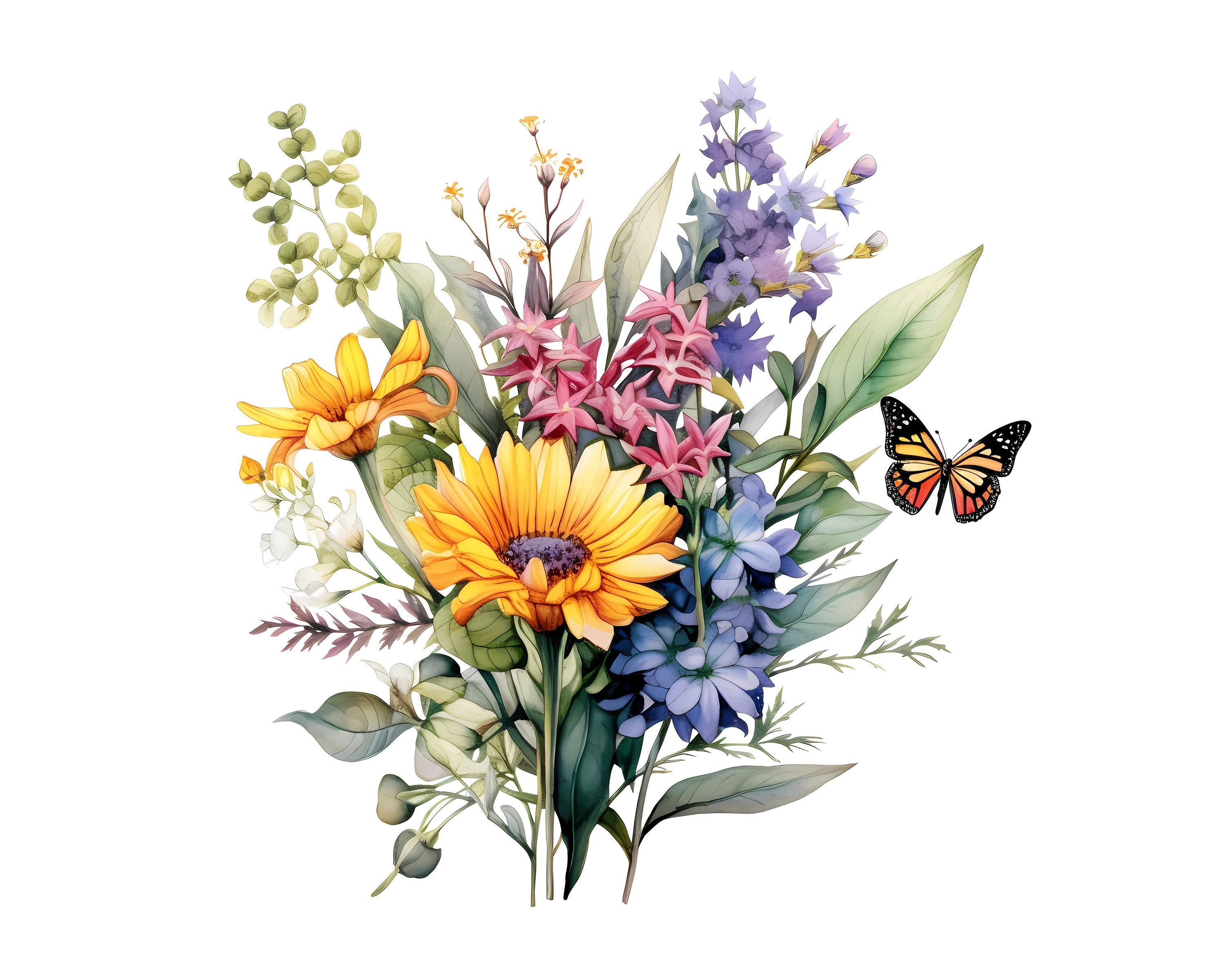 Wildflower Bouquet Watercolor Clipart: Stunning Floral - Etsy