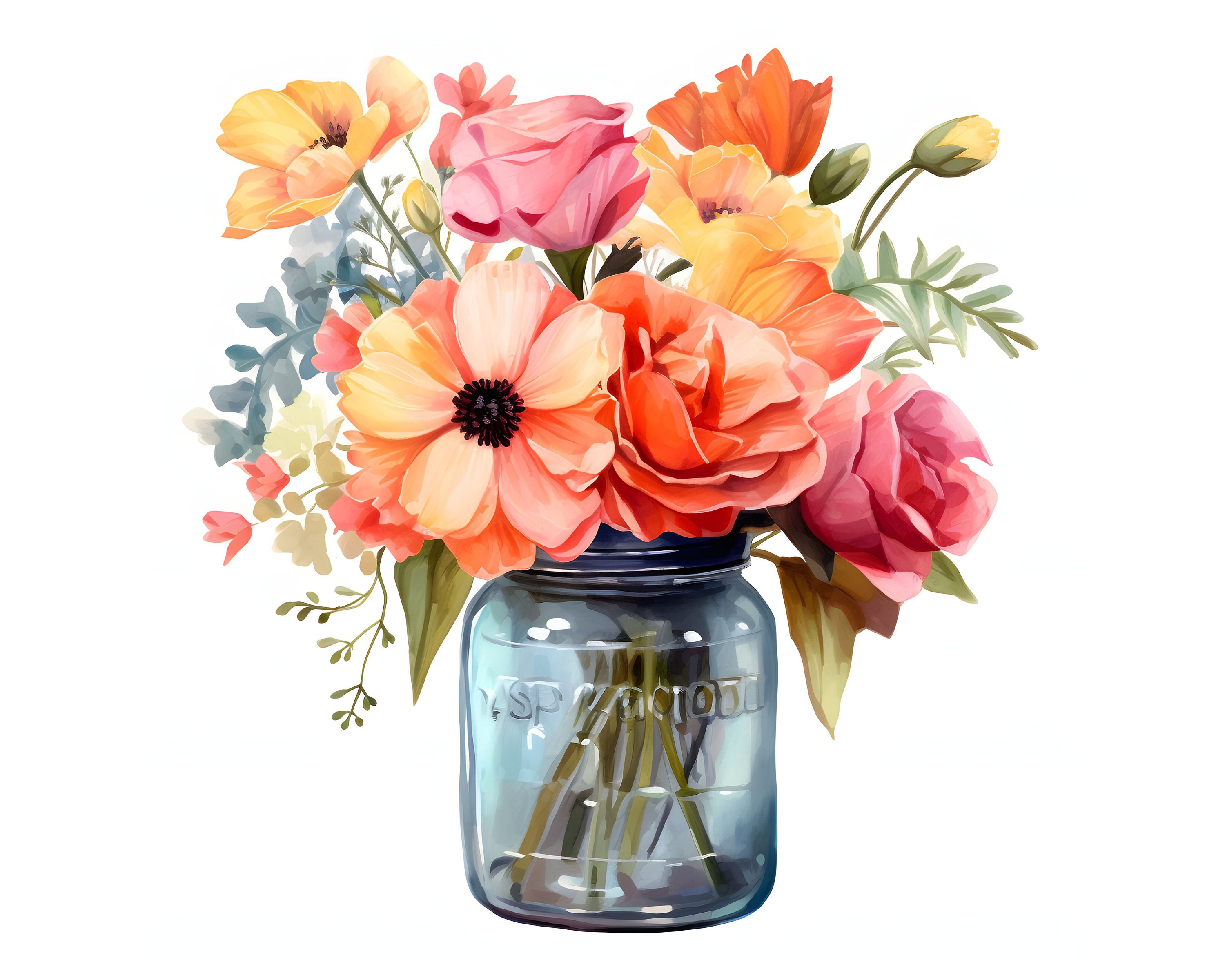 Mason Jar Flowers Clipart 12 High Quality Jpgs Instant Download Card ...