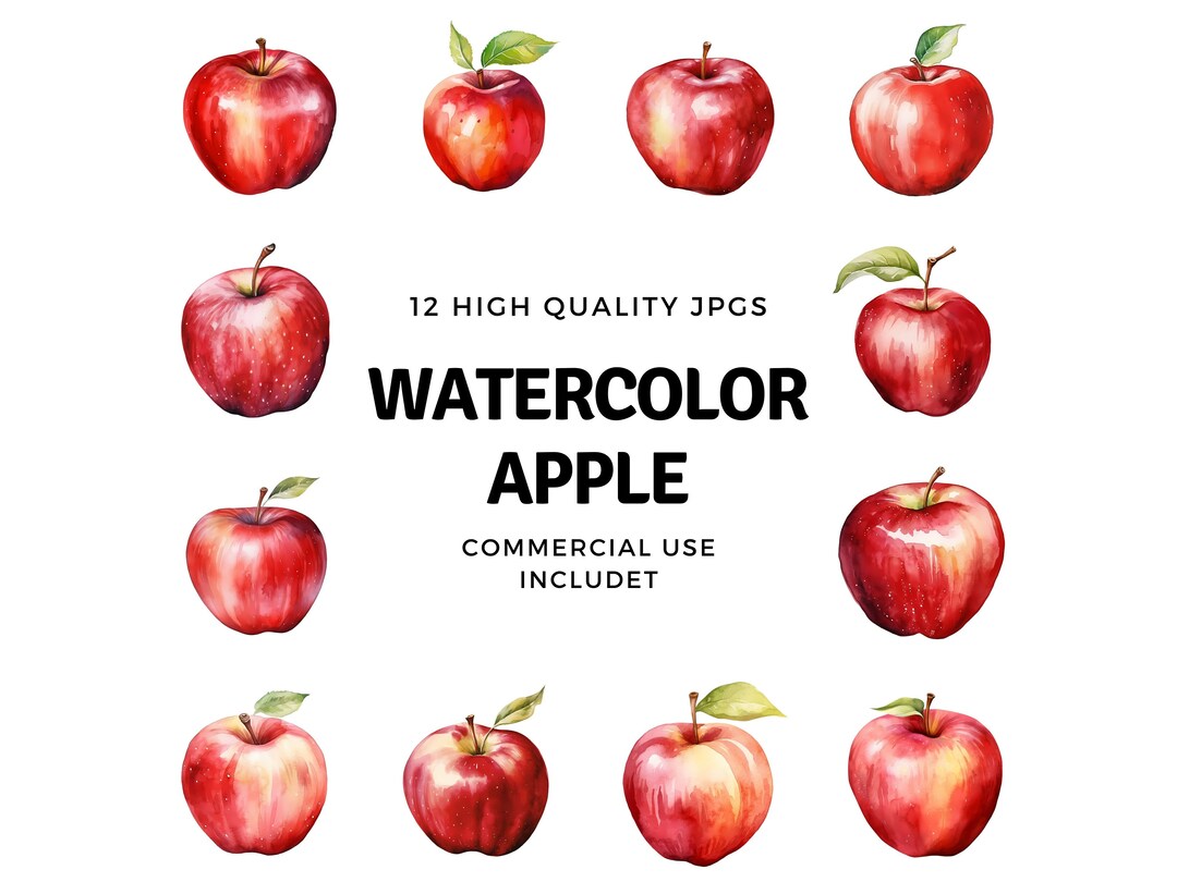 Watercolor Apple Clipart - 12 High Quality Jpgs - Instant Download ...