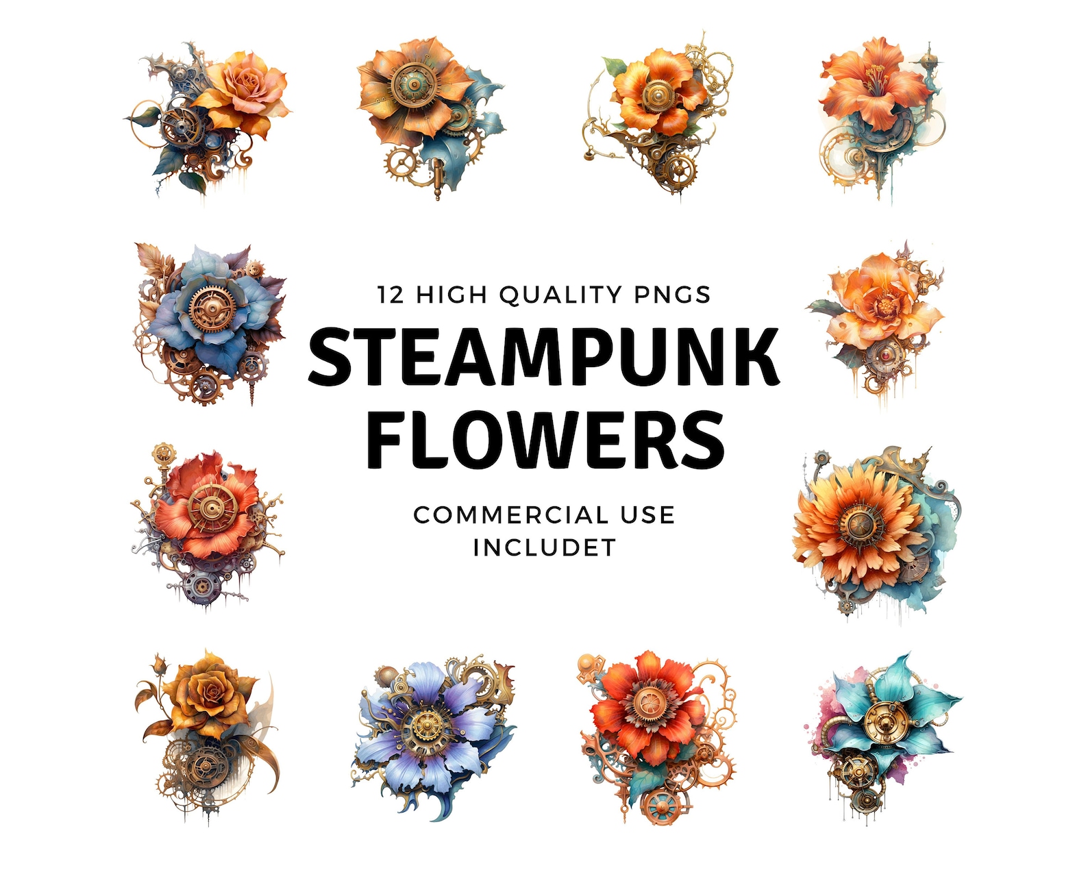 Watercolor Steampunk Flower Clipart Bundle 12 Colorful PNG - Etsy
