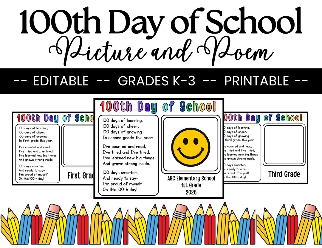100th Day of School Poem and Picture - Etsy