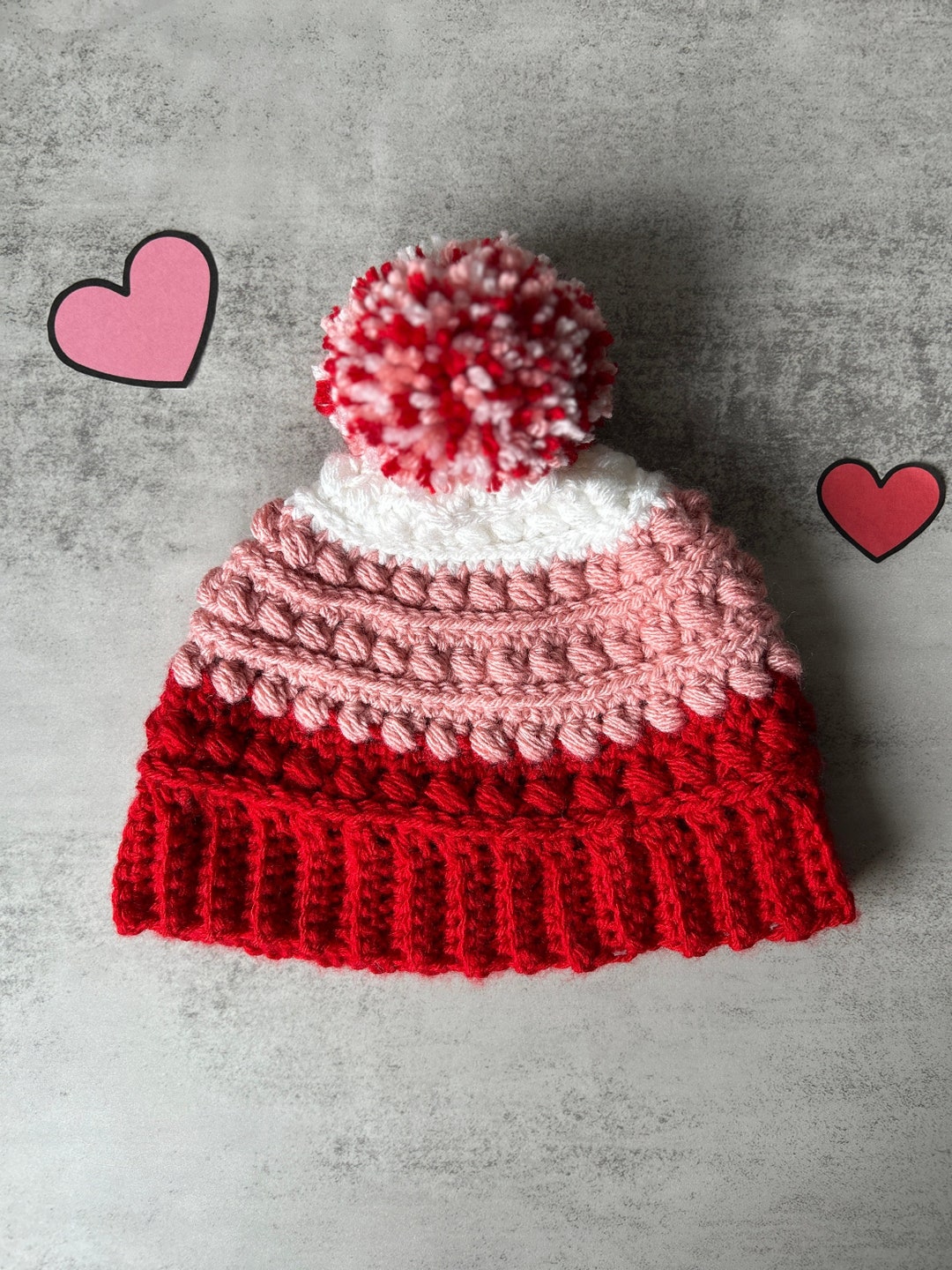 Valentine's Day Toddler Beanie, Tricolor Red, Pink, White Pom Pom ...