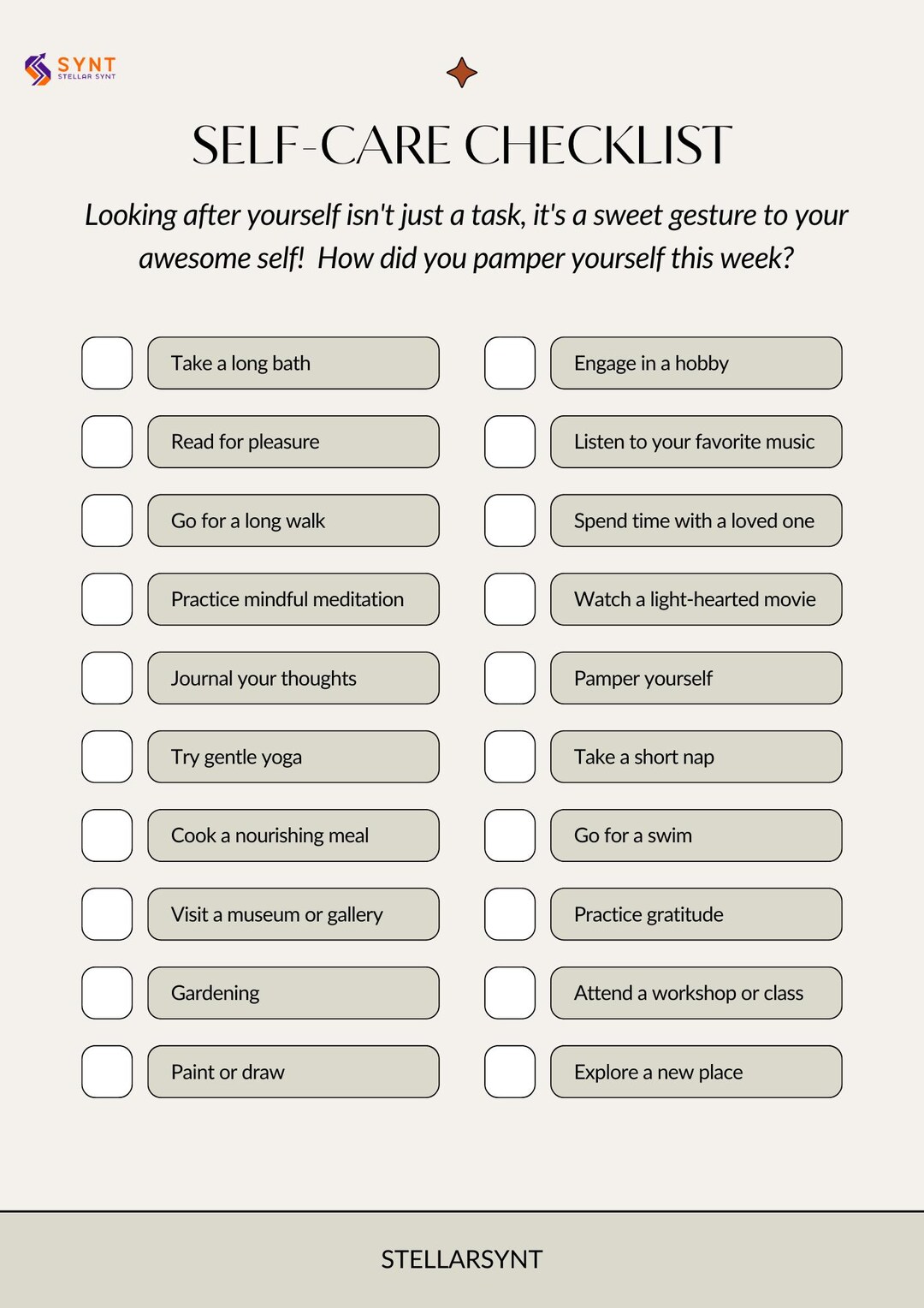 SYNT Self-care Checklist for Busy Moms - Etsy