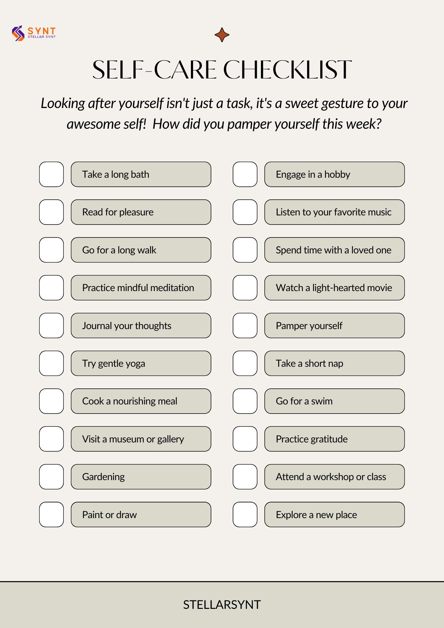 SYNT Self-care Checklist for Busy Moms - Etsy