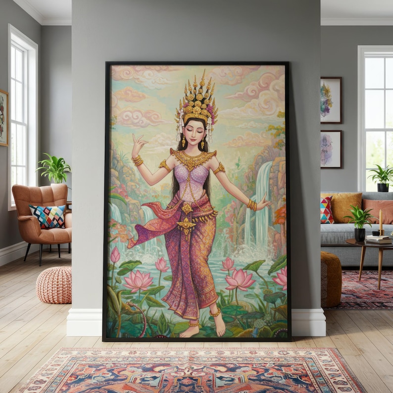 Waterfall Dancer Khmer Apsara Wall Art | Apsara Painting, Khmer Art, Cambodia Poster, Apsara ...