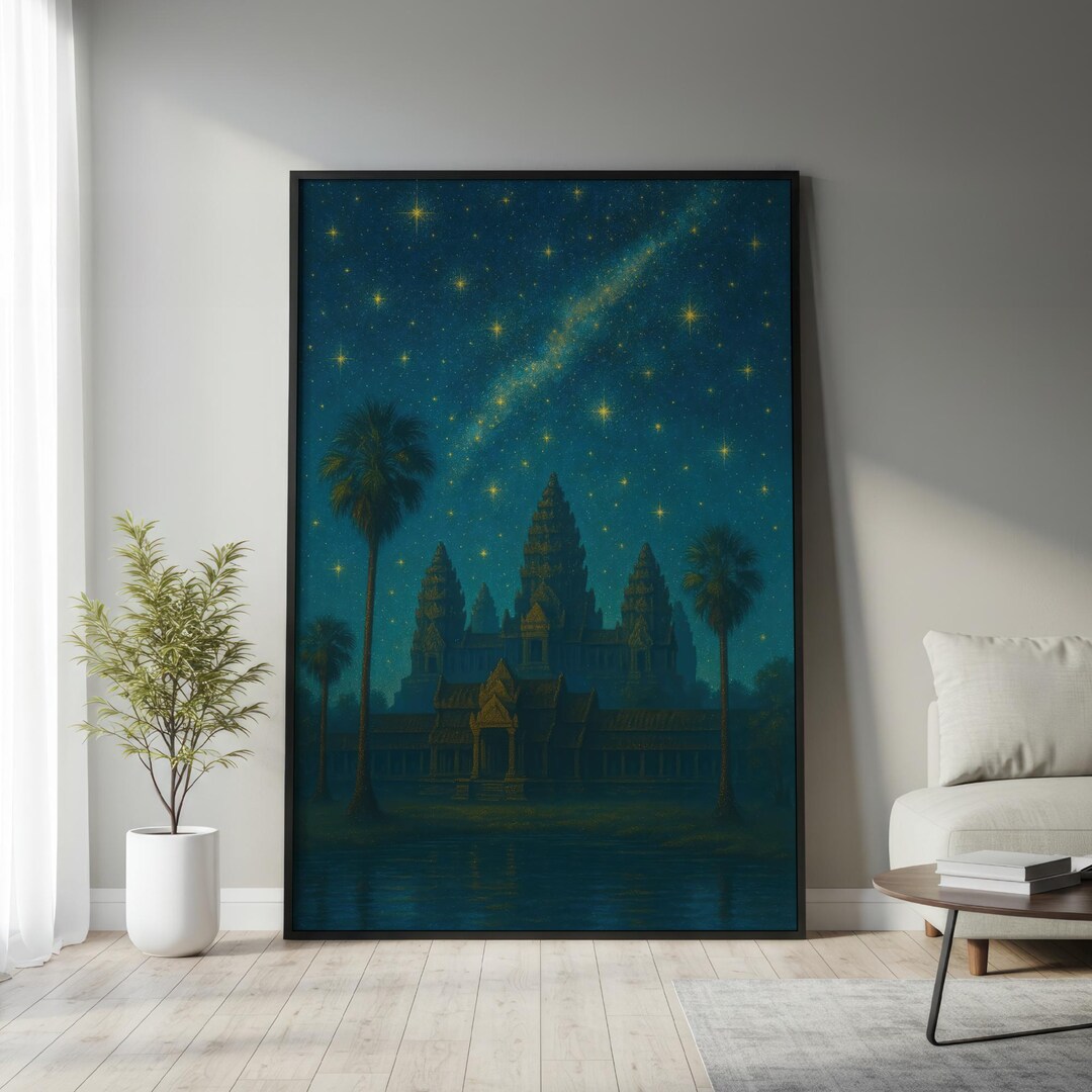 Angkor Wat Night Sky Wall Art | Starry Temple Art, Cambodian Landscape ...