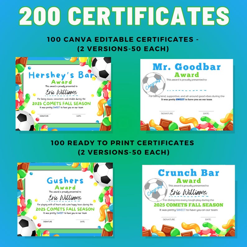 Soccer Candy Bar Awards | Printable Team Certificates | 200 Editable ...