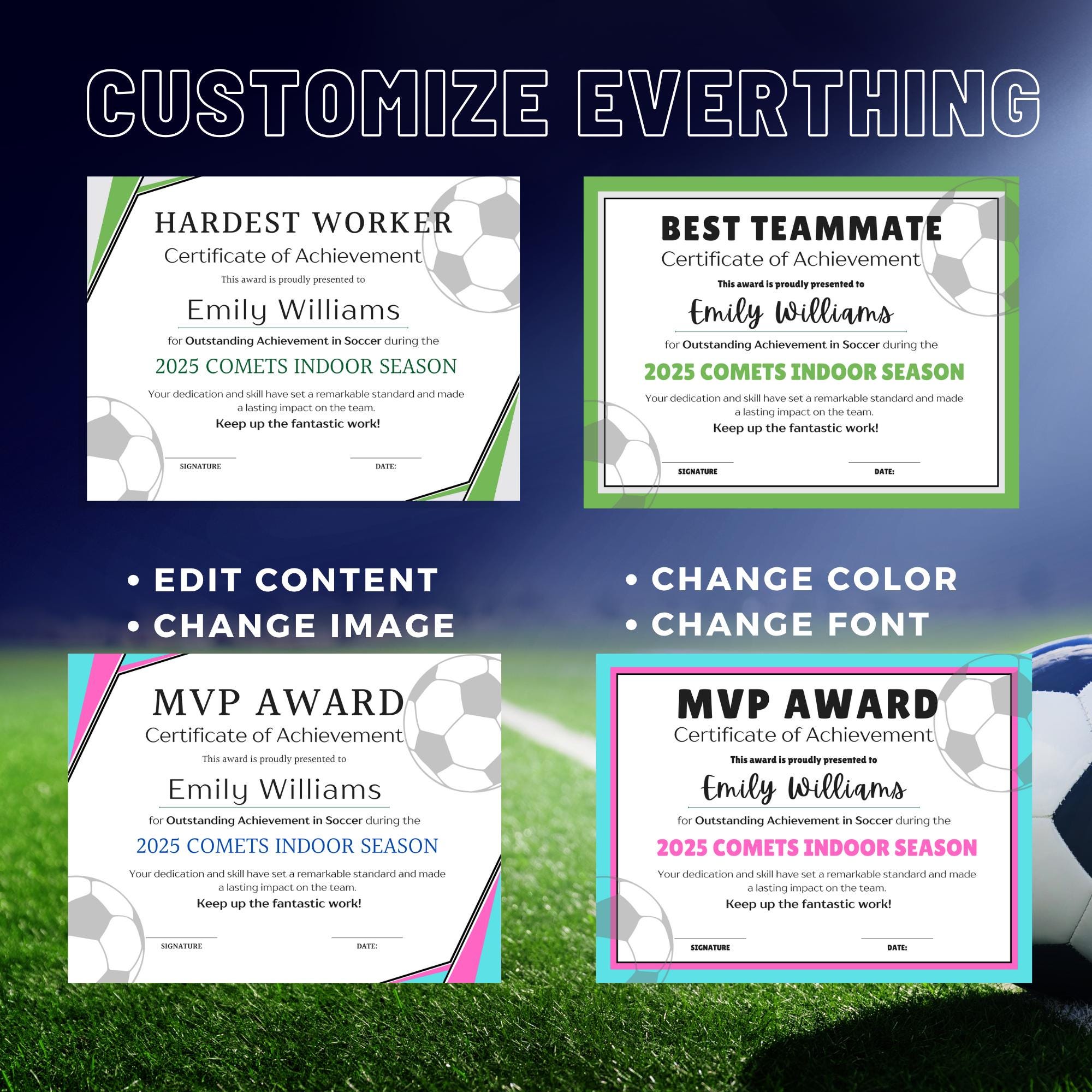 Soccer Awards Certificates – 150 End of Season Awards, Fully Editable ...