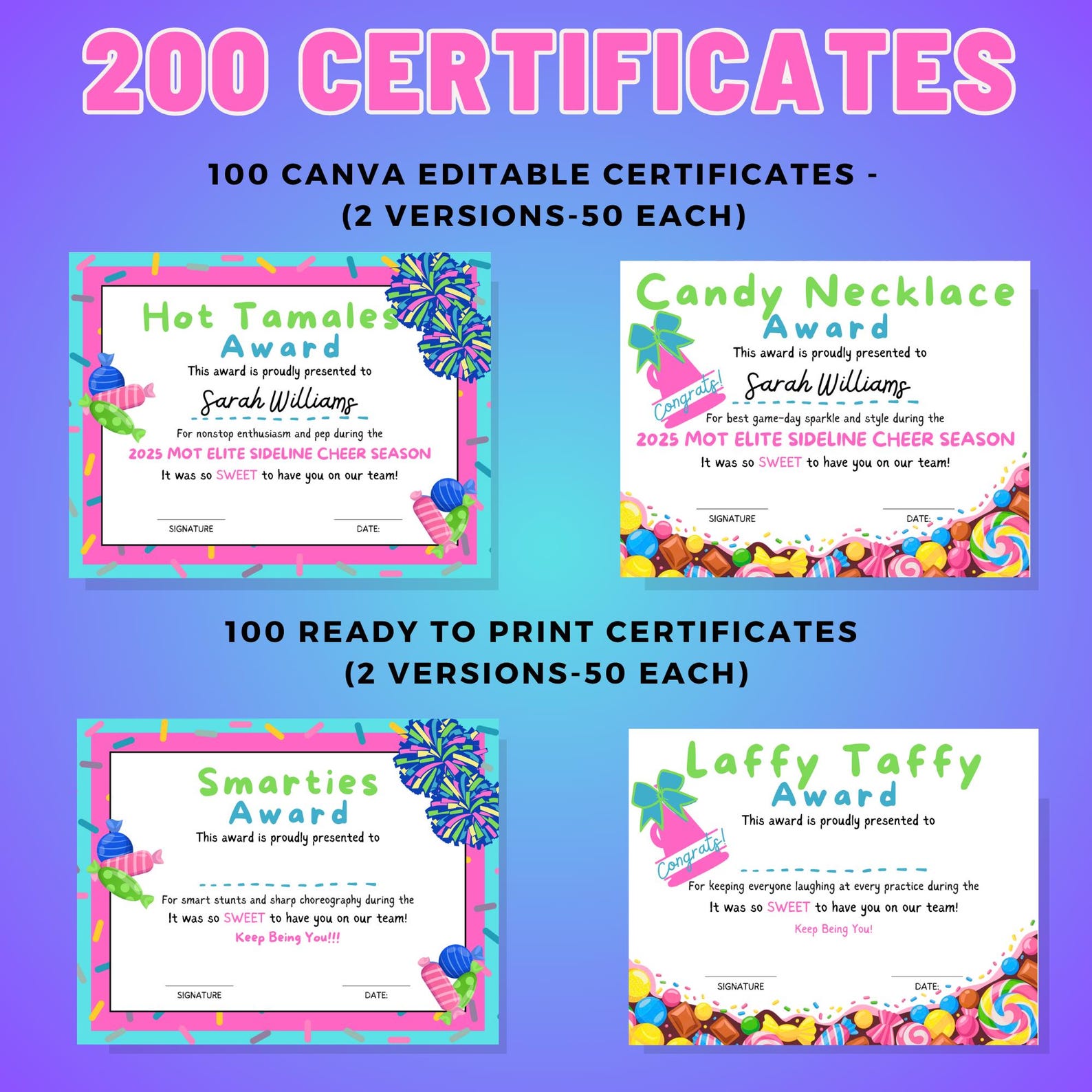 Cheer and Cheerleading Candy Bar Awards | 200 Certificates | 2 Designs ...