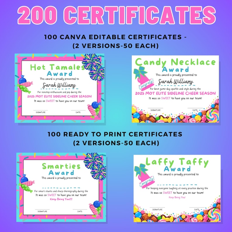 Cheer and Cheerleading Candy Bar Awards | 200 Certificates | 2 Designs ...