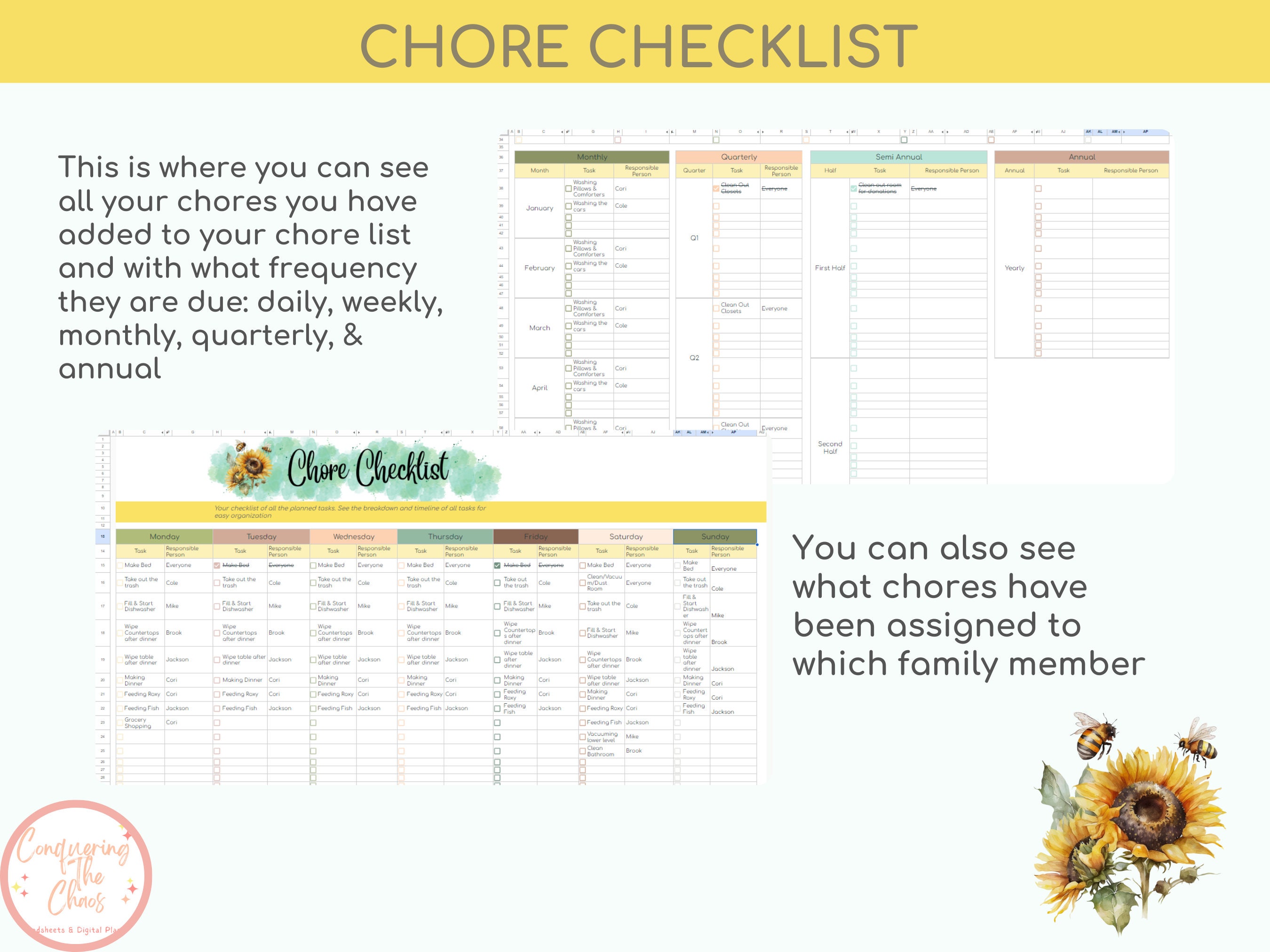 Sunflower and Bees Family Chore Chart Easy-to-use Spreadsheet for Daily ...