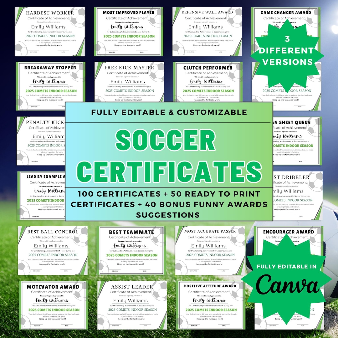 Soccer Awards Certificates – 150 End of Season Awards, Fully Editable ...
