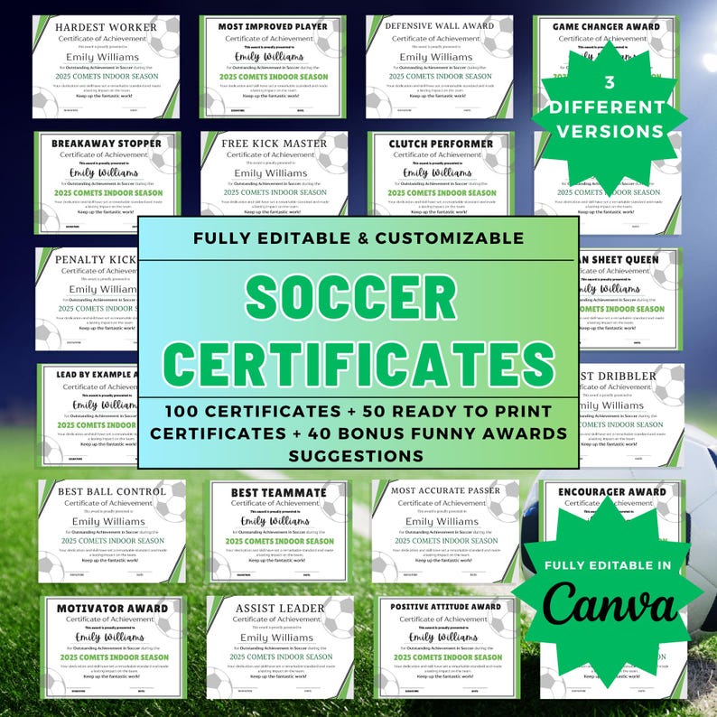 Soccer Awards Certificates – 150 End of Season Awards, Fully Editable ...