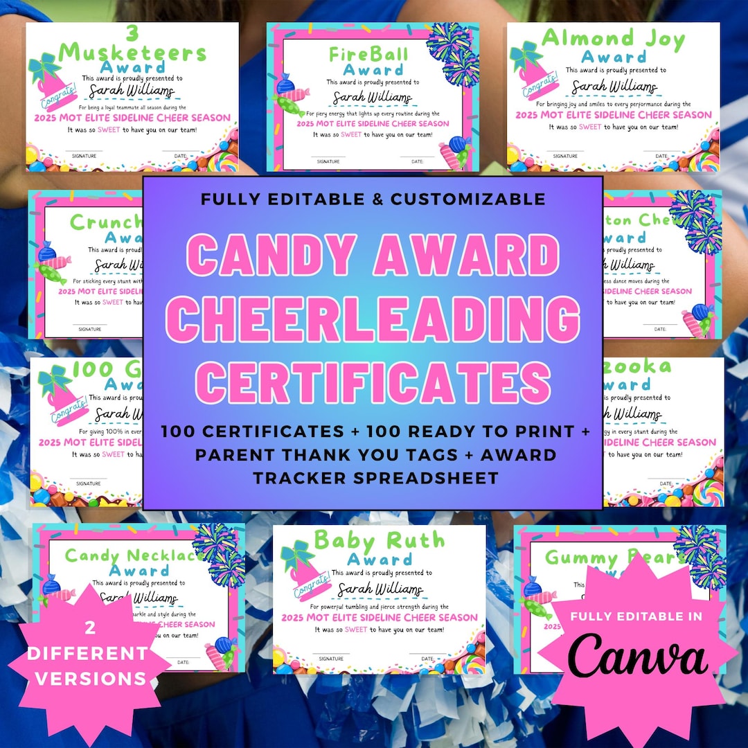 Cheer and Cheerleading Candy Bar Awards | 200 Certificates | 2 Designs ...