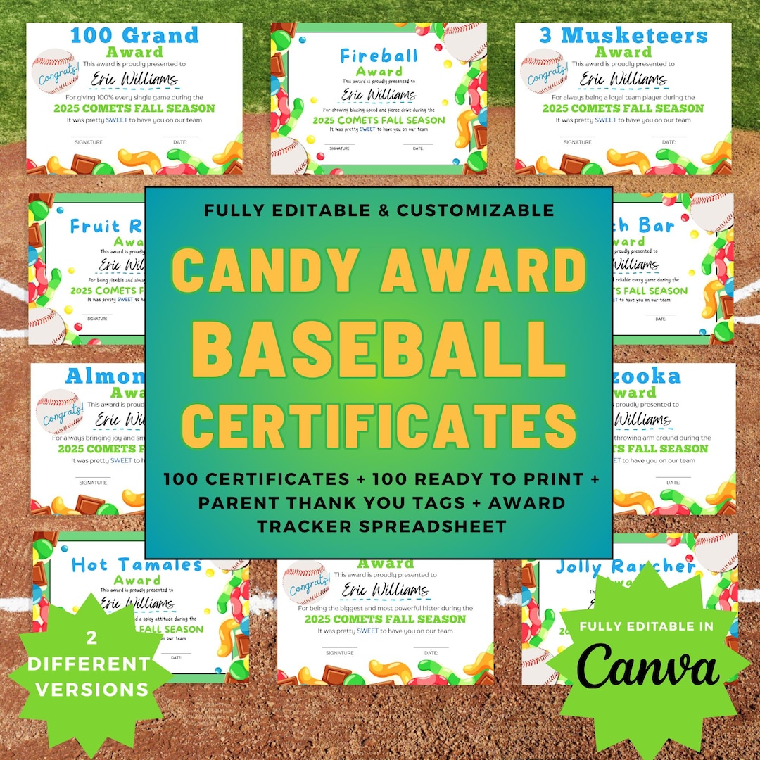 Baseball Candy Bar Awards | Printable, Editable Award Certificates ...