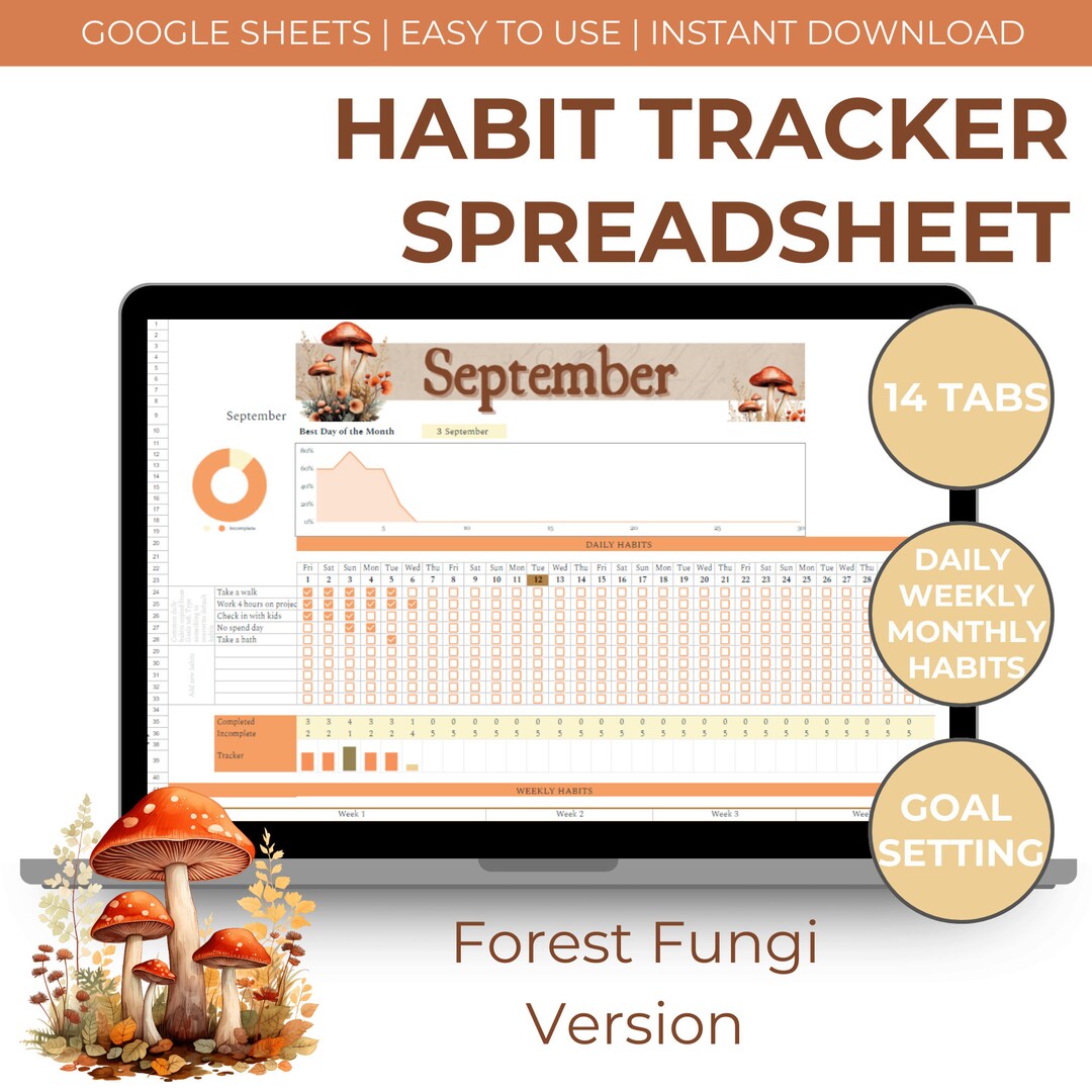 Forest Fungi Habit Tracker Spreadsheet Daily, Weekly, Monthly Habits ...