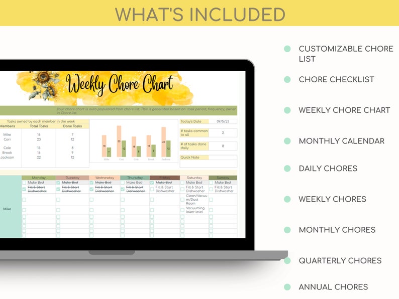 Sunflower and Bees Family Chore Chart Easy-to-use Spreadsheet for Daily ...