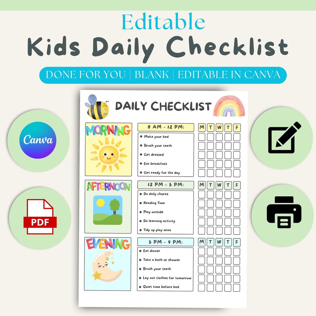 Kids Daily Checklist Printable: Editable Routine Chart (PDF) - Etsy