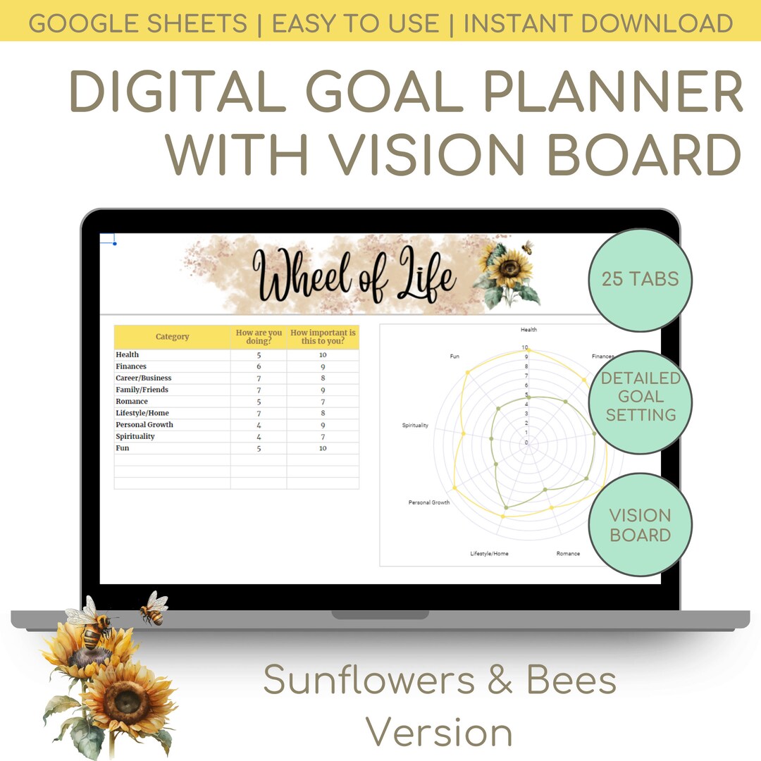 Sunflowers Digital Goal Planner Vision Board Habit Tracker Life Values ...
