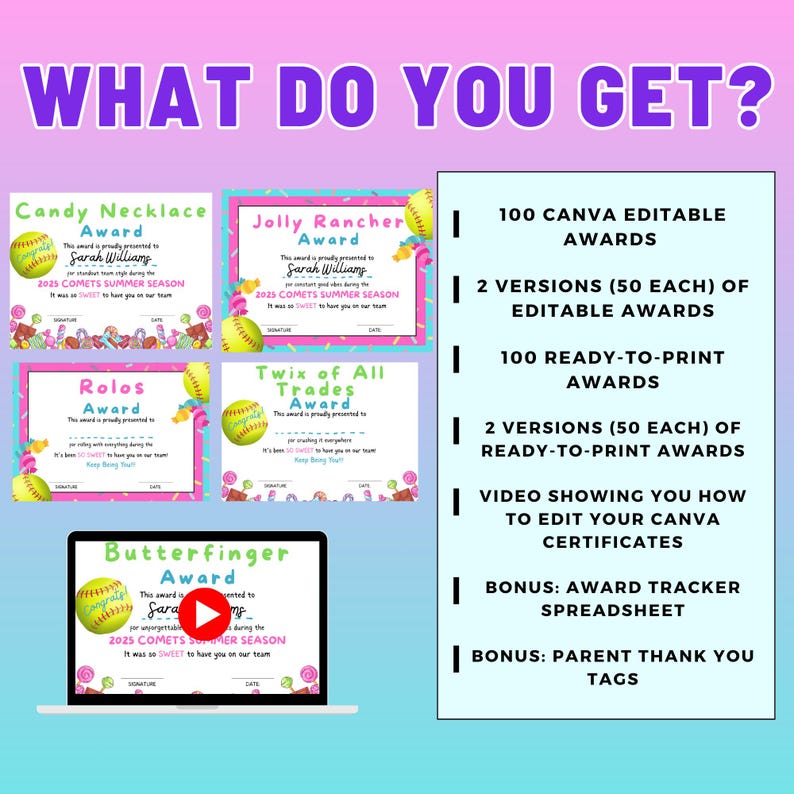 Softball Candy Bar Awards: Printable Certificates for Kids (digital ...