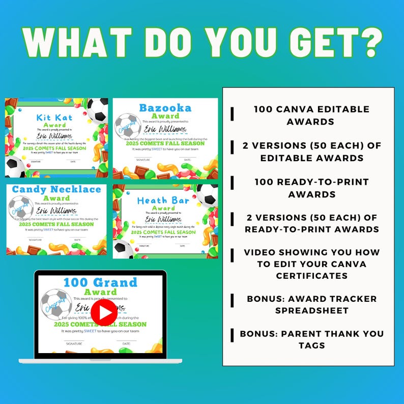 Soccer Candy Bar Awards | Printable Team Certificates | 200 Editable ...