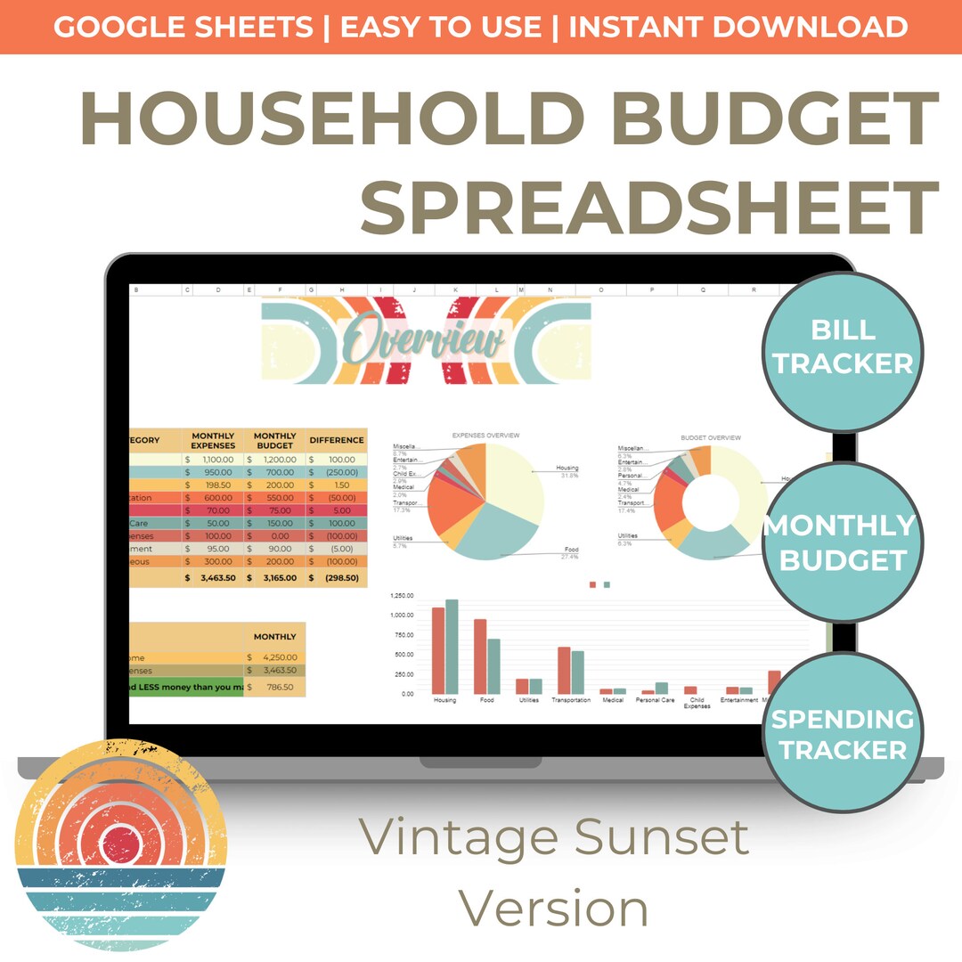 Vintage Sunset Household Budget Budget Spreadsheet Bills Tracker ...