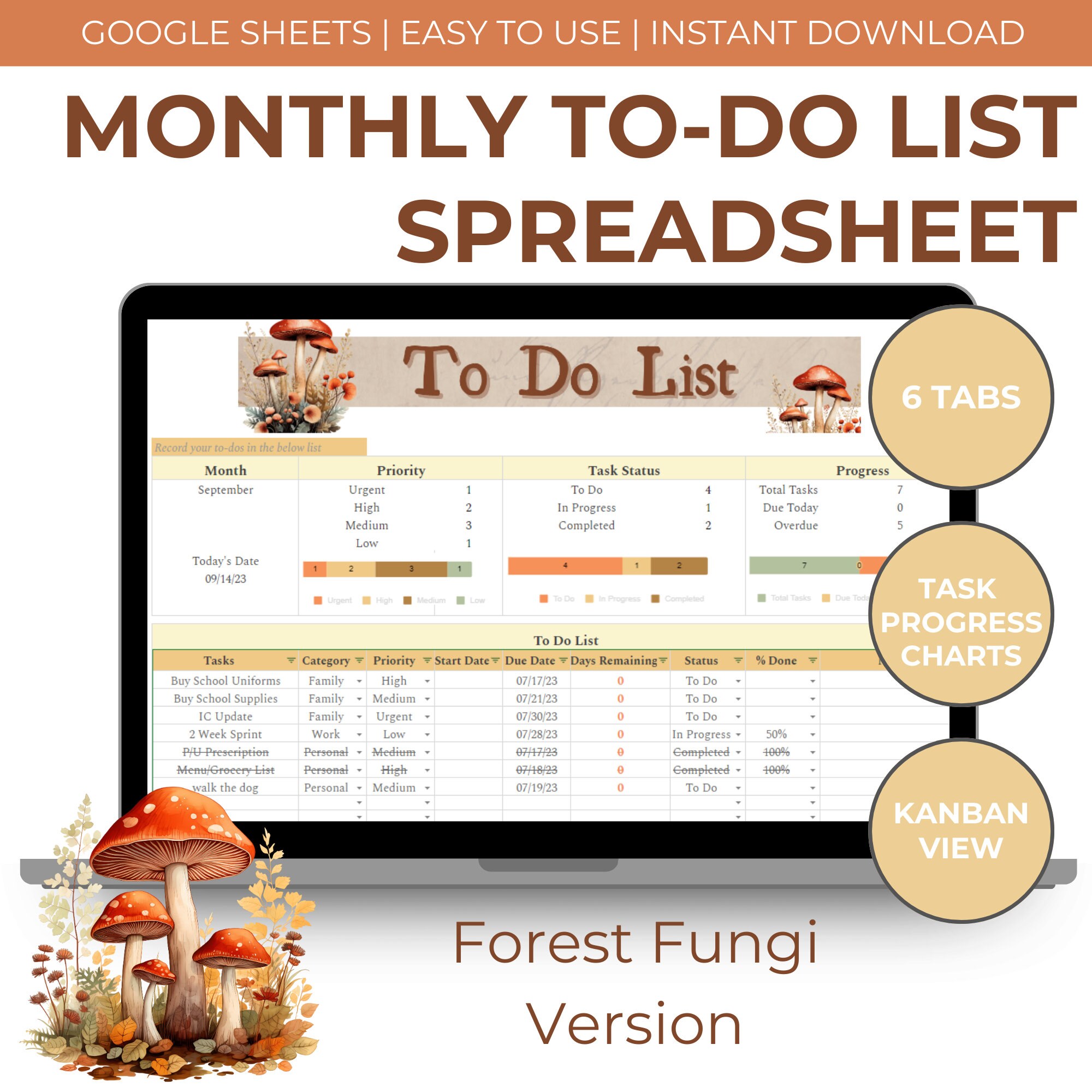 Forest Fungi Digital to Do List Template Google Sheets - Etsy
