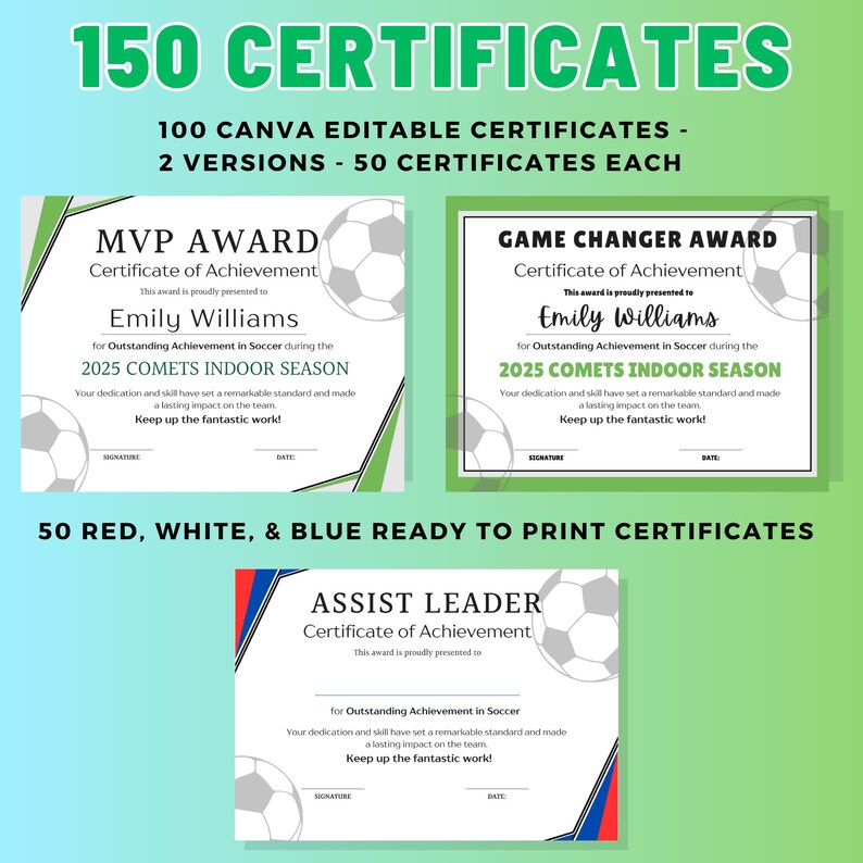 Editable Soccer Awards Certificates: 150+ Canva Templates (printable ...