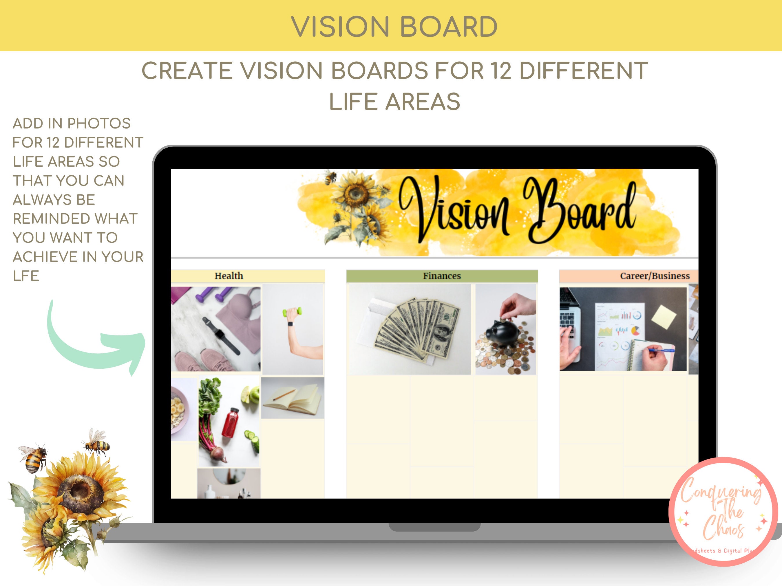 Sunflowers Digital Goal Planner Vision Board Habit Tracker Life Values ...
