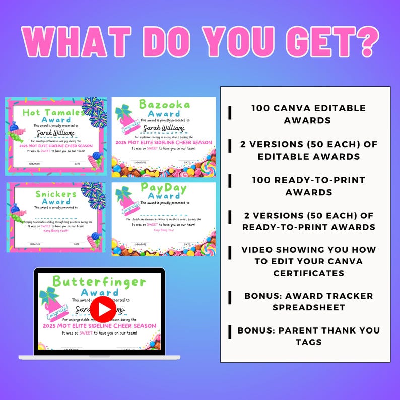 Cheer and Cheerleading Candy Bar Awards | 200 Certificates | 2 Designs ...