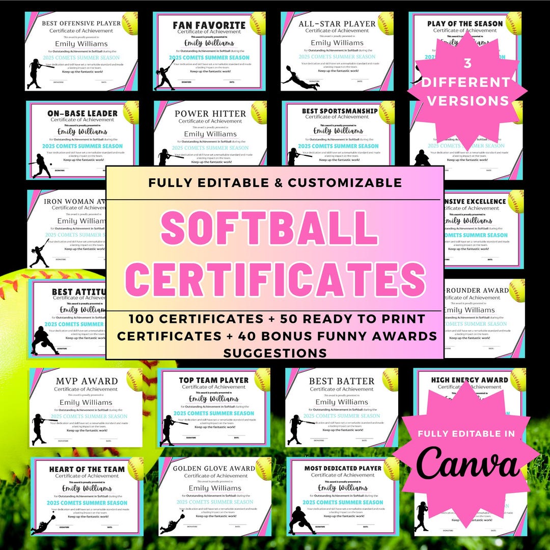 Softball Award Certificates: 150+ Editable Team Awards (canva Templates ...