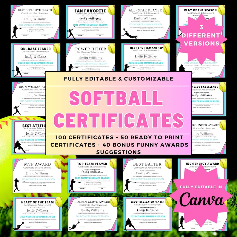 Softball Award Certificates: 150+ Editable Team Awards (canva Templates ...