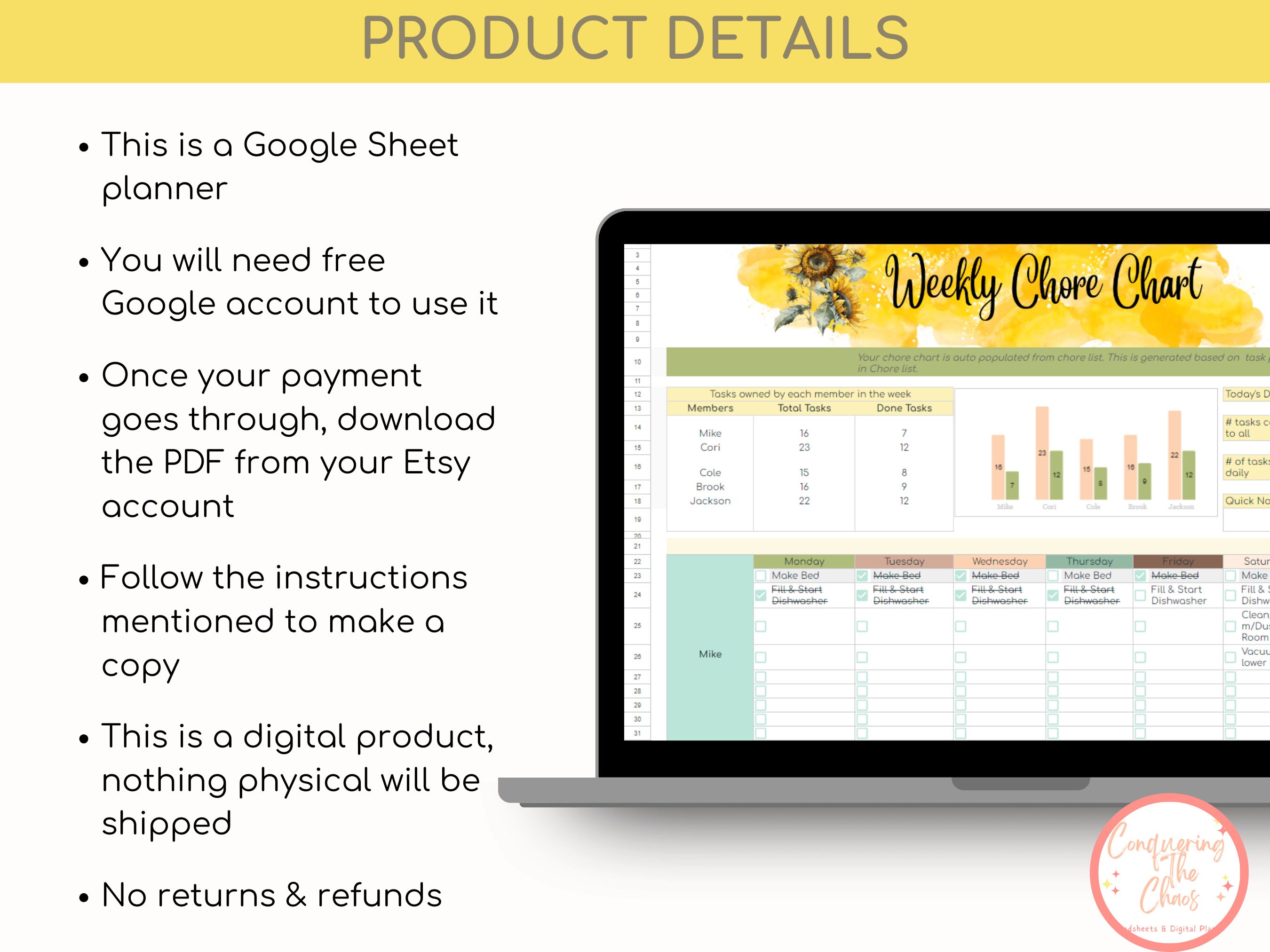 Sunflower and Bees Family Chore Chart Easy-to-use Spreadsheet for Daily ...