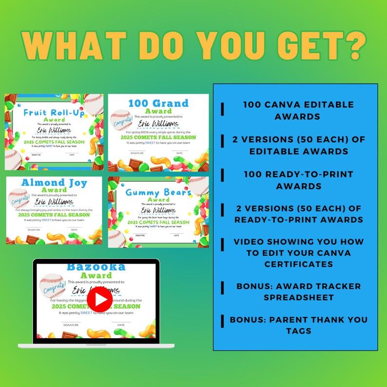 Baseball Candy Bar Awards | Printable, Editable Award Certificates ...