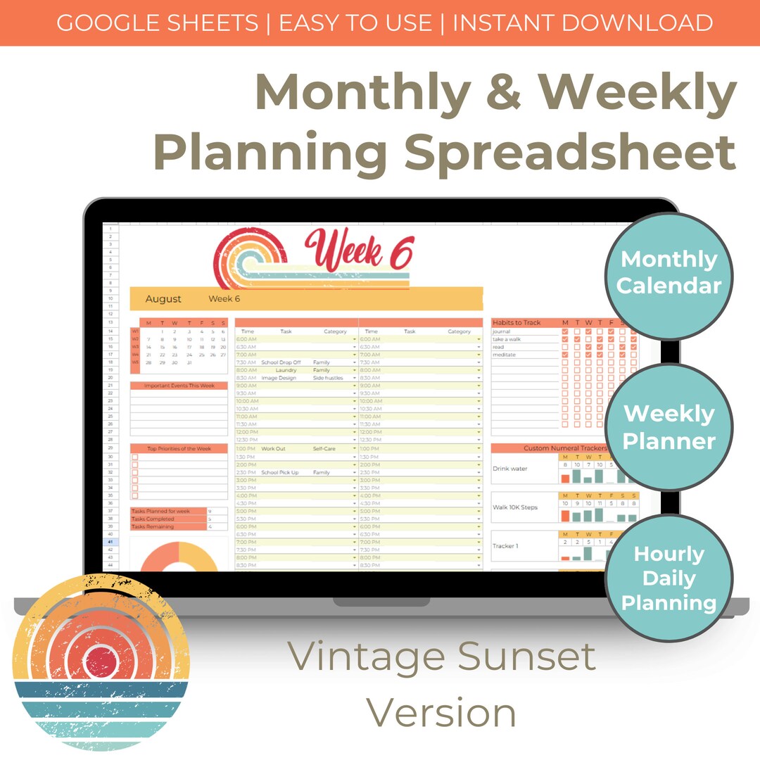 Vintage Sunset Monthly Planner: Digital Google Sheets Spreadsheet - Etsy