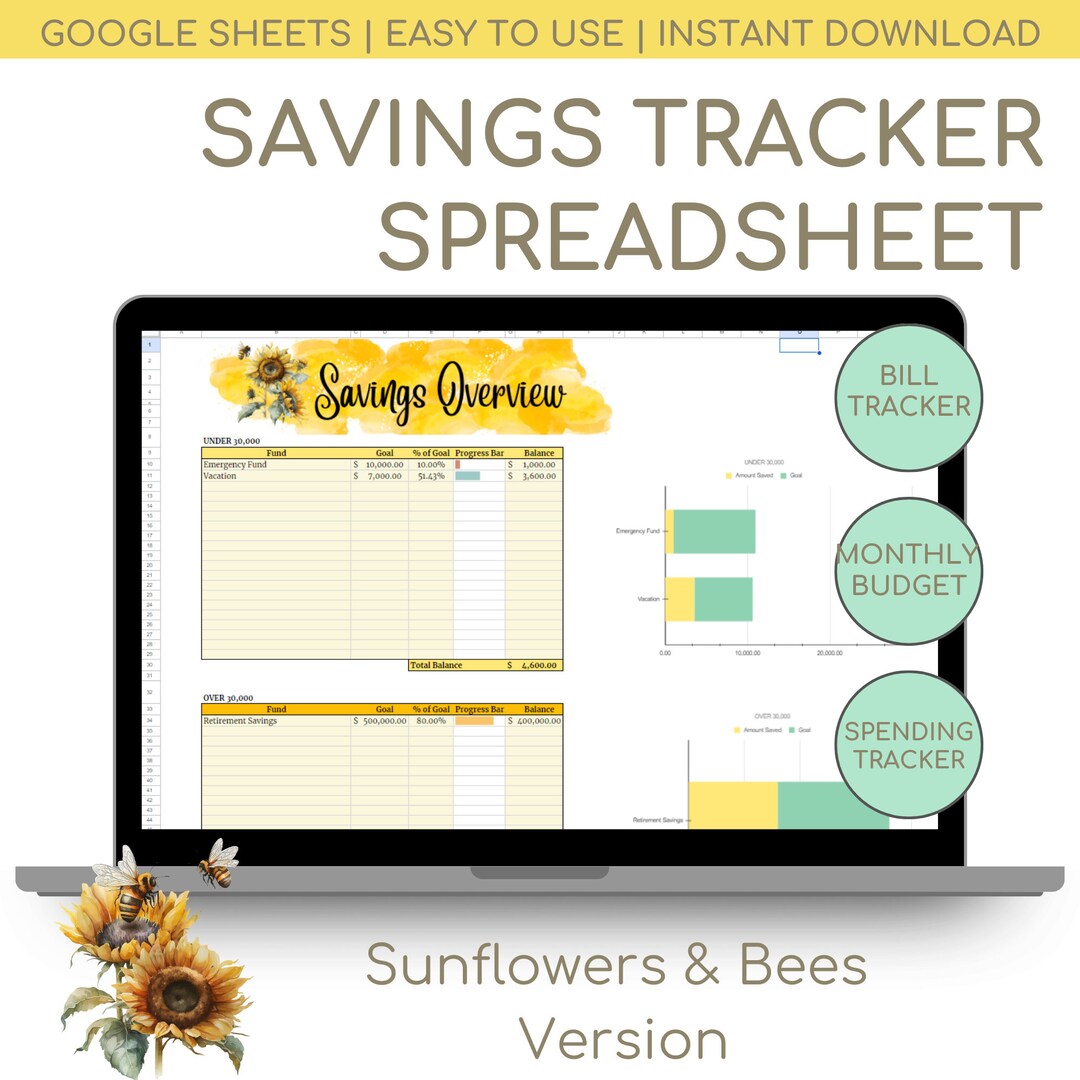 Sunflowers & Bees Savings Tracker: Budget Spreadsheet (google Sheets ...