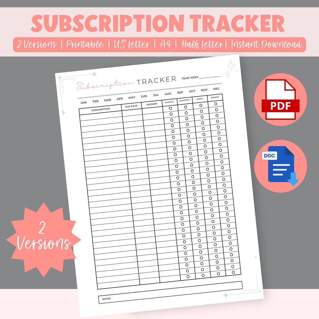 Subscription Tracker Printable: Budget & Expense Log (digital Download ...