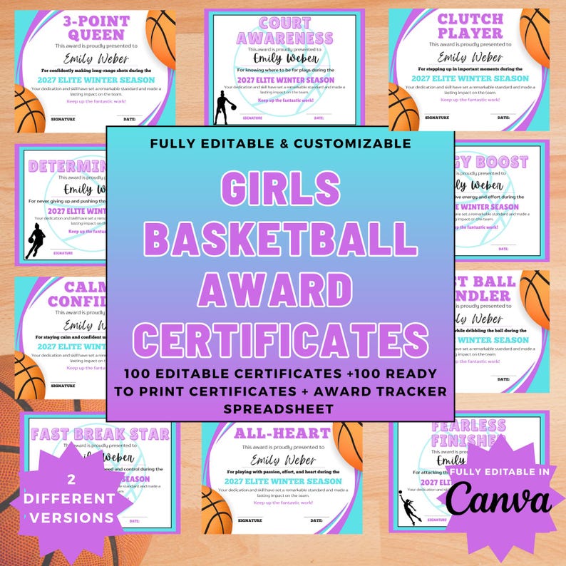 Girls Basketball Awards Certificates | Youth Basketball Team Awards ...