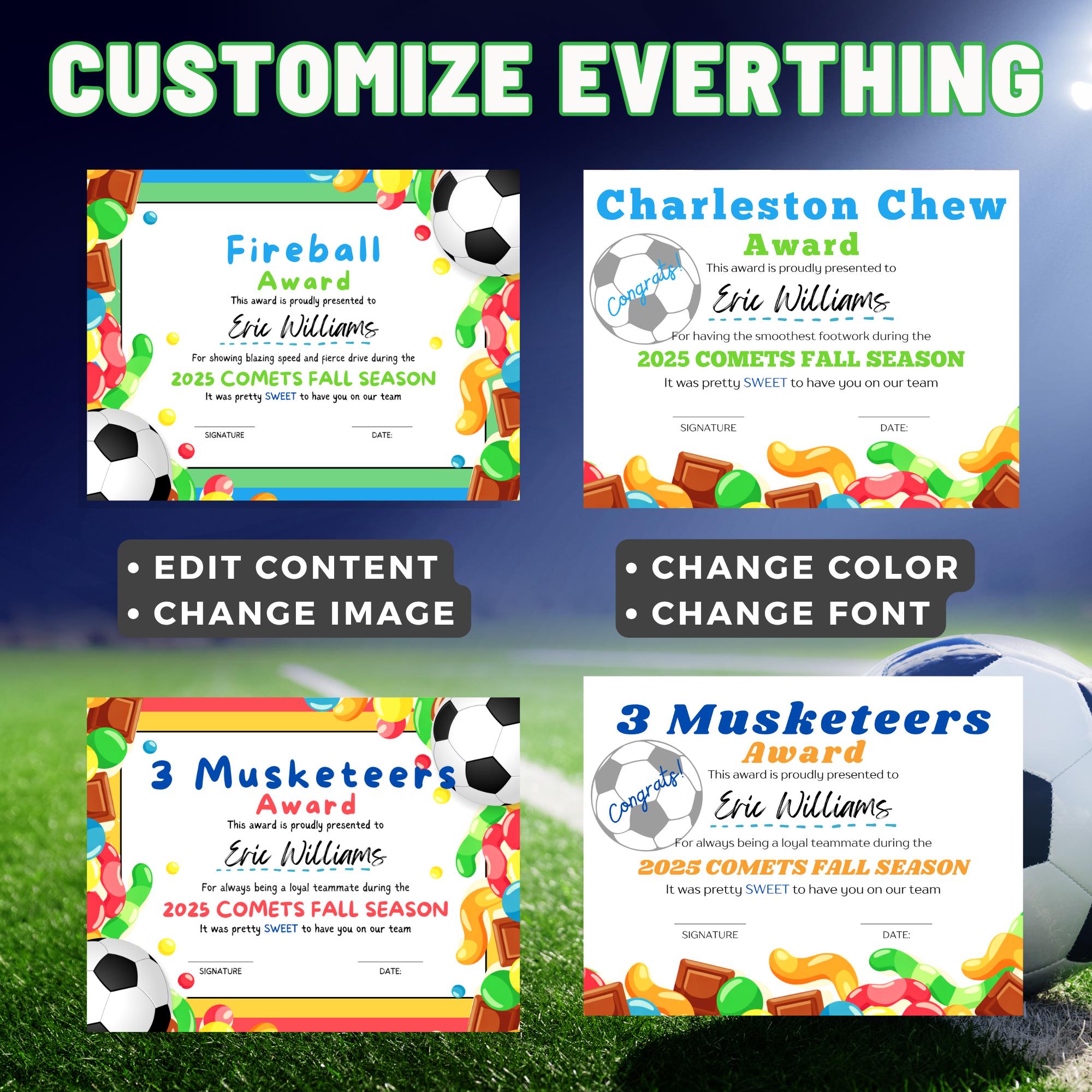 Soccer Candy Bar Awards | Printable Team Certificates | 200 Editable ...