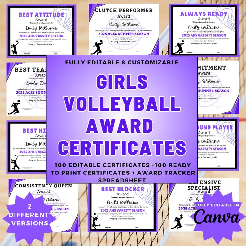 Girls Volleyball Awards Certificates | 200 Printable & Editable Team ...