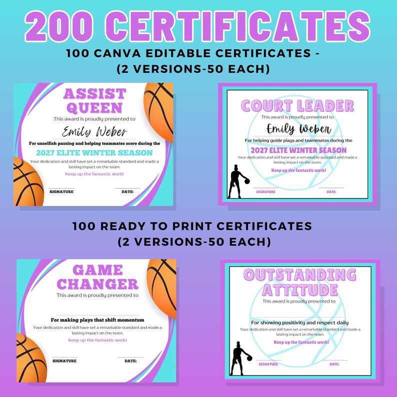 Girls Basketball Awards Certificates | Youth Basketball Team Awards ...