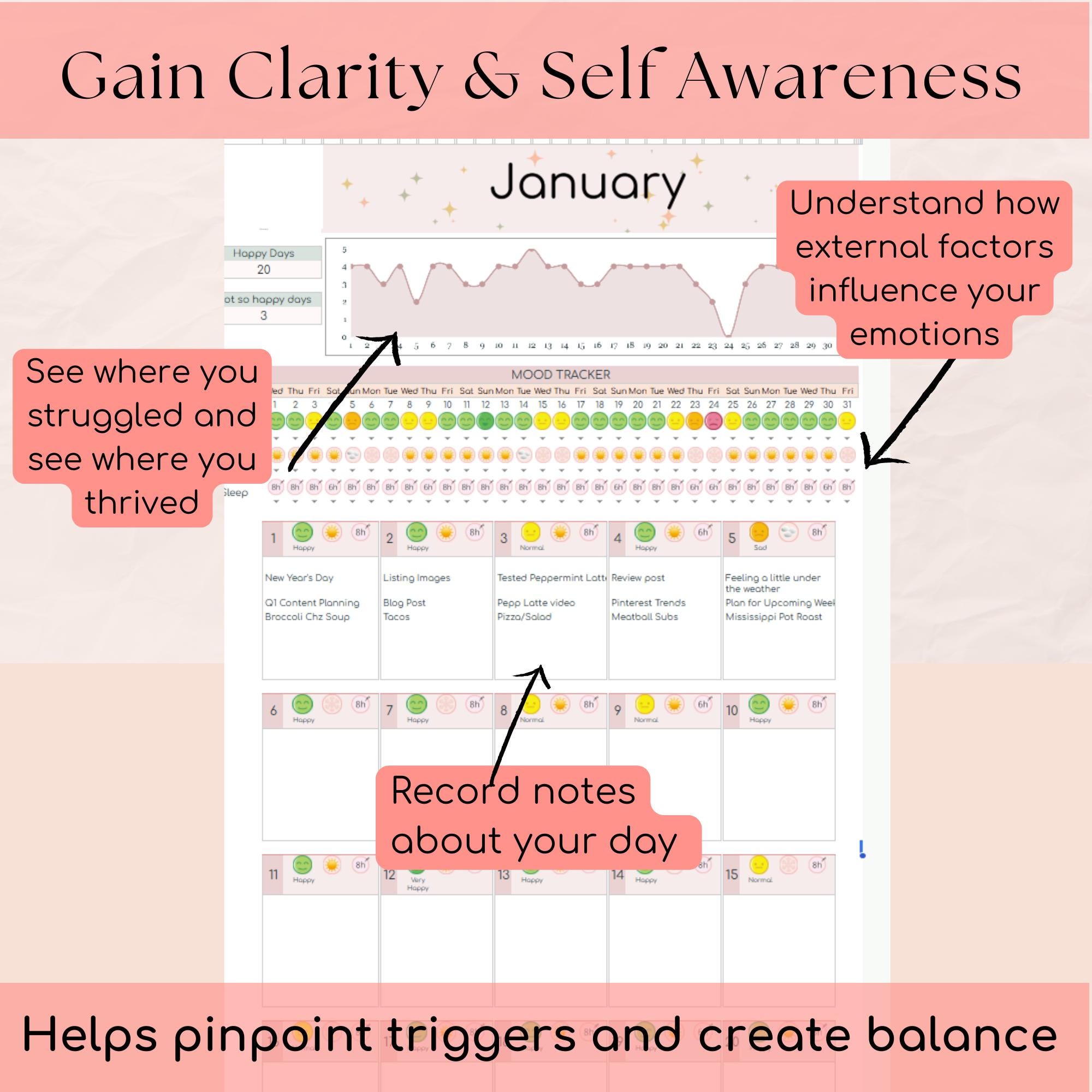 Digital Mood Tracker Google Sheets Journal Template, Daily Emotion ...