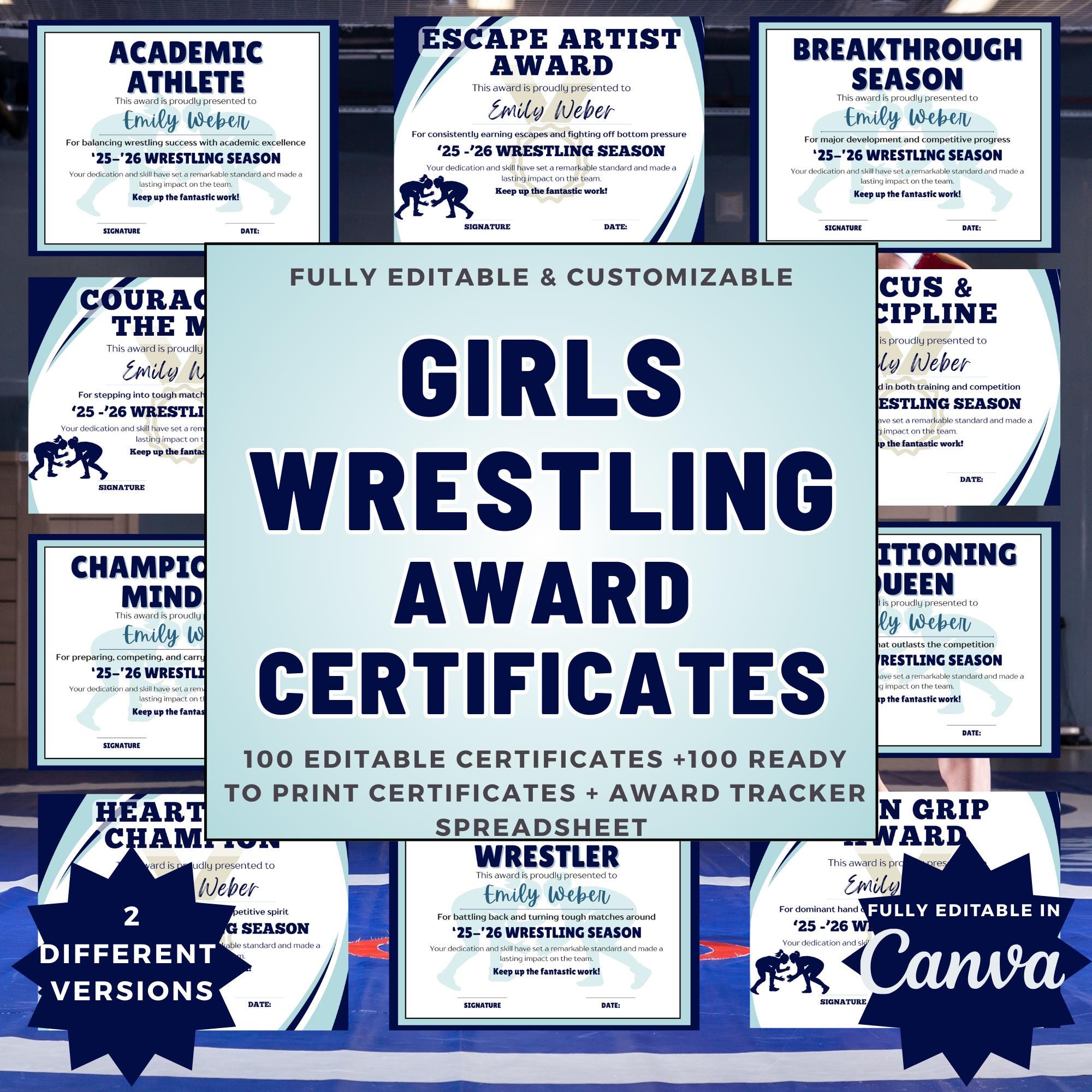 Girls Wrestling Awards Certificates Printable, 50 Female Wrestling Team ...