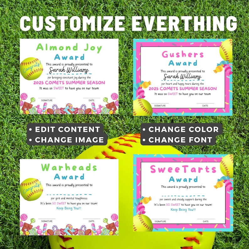 Softball Candy Bar Awards: Printable Certificates for Kids (digital ...