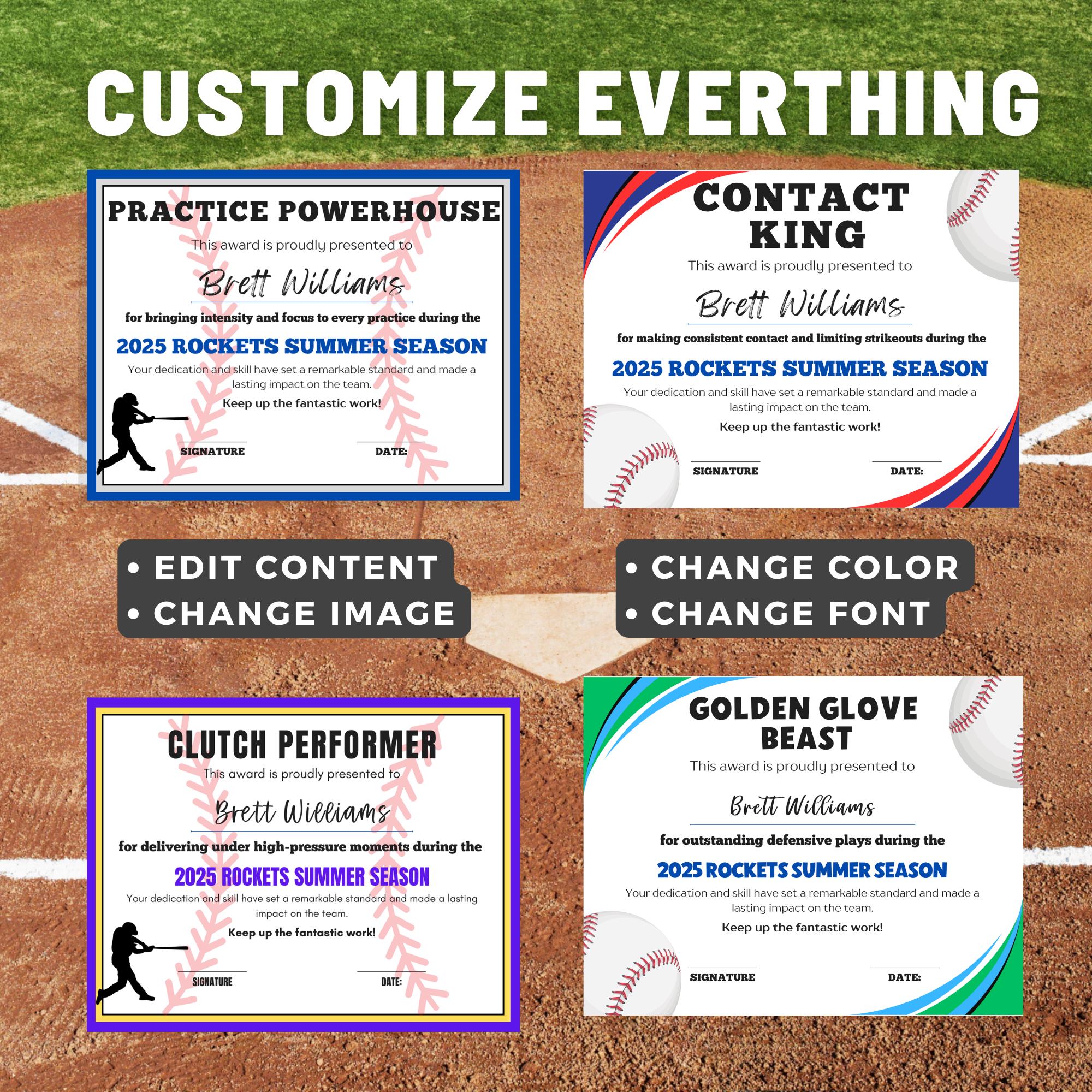 Editable Baseball Award Certificates: Team Awards, End of Season (canva ...